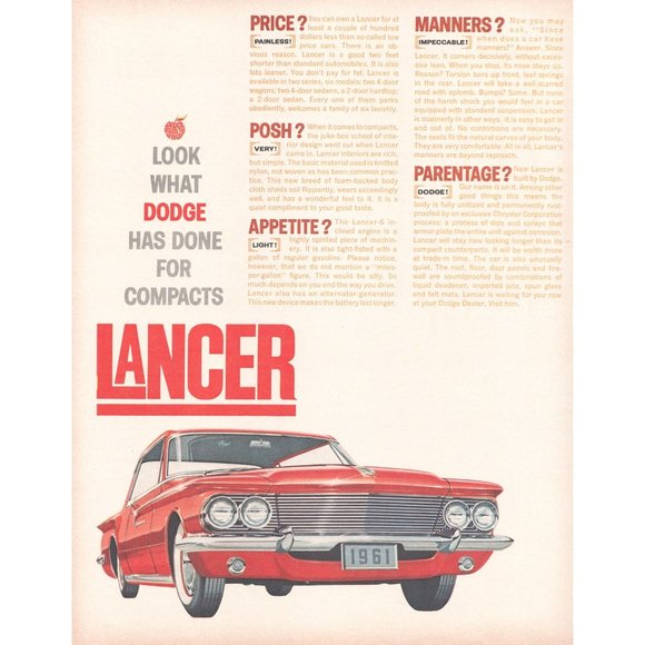 Lancer | Art | 961 Dodge Lancer 2 Door Hardtop Vintage Print Ad Classic ...